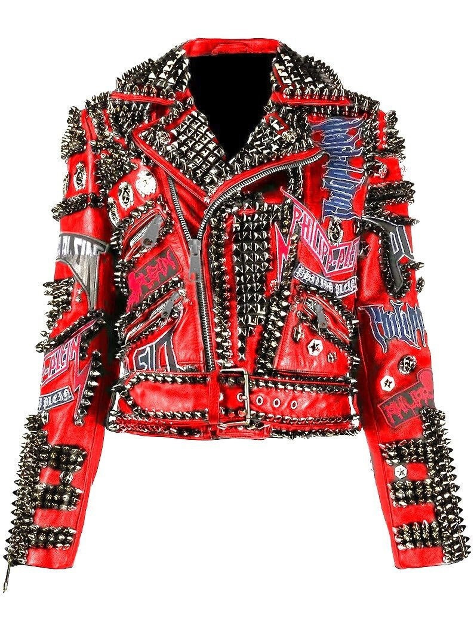 Vintage Red Leather Jacket for Men Studded Style With Patches and ...