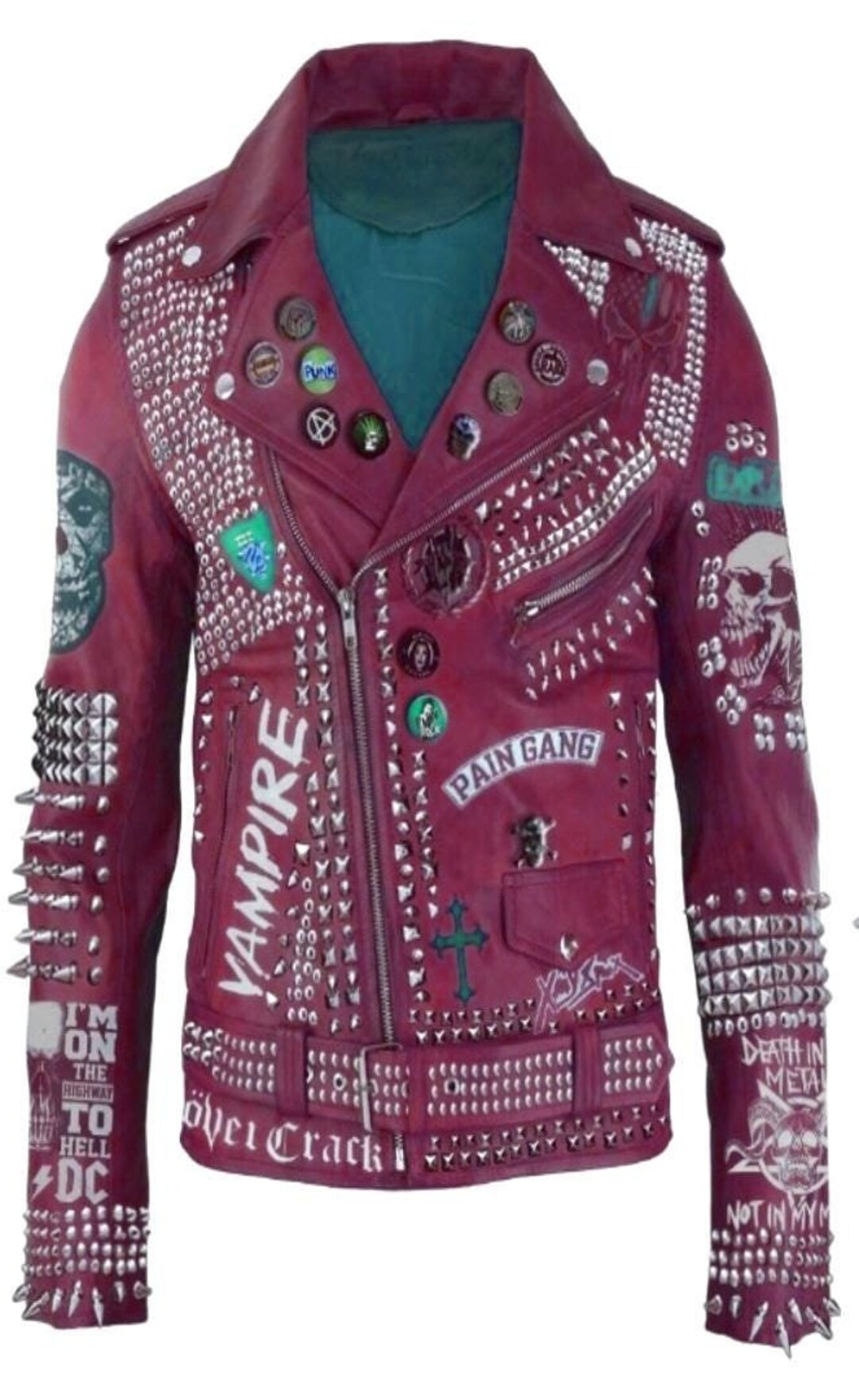 Men Pain Gang Vampire Skull Printed Leather Jacket With Silver Studs ...