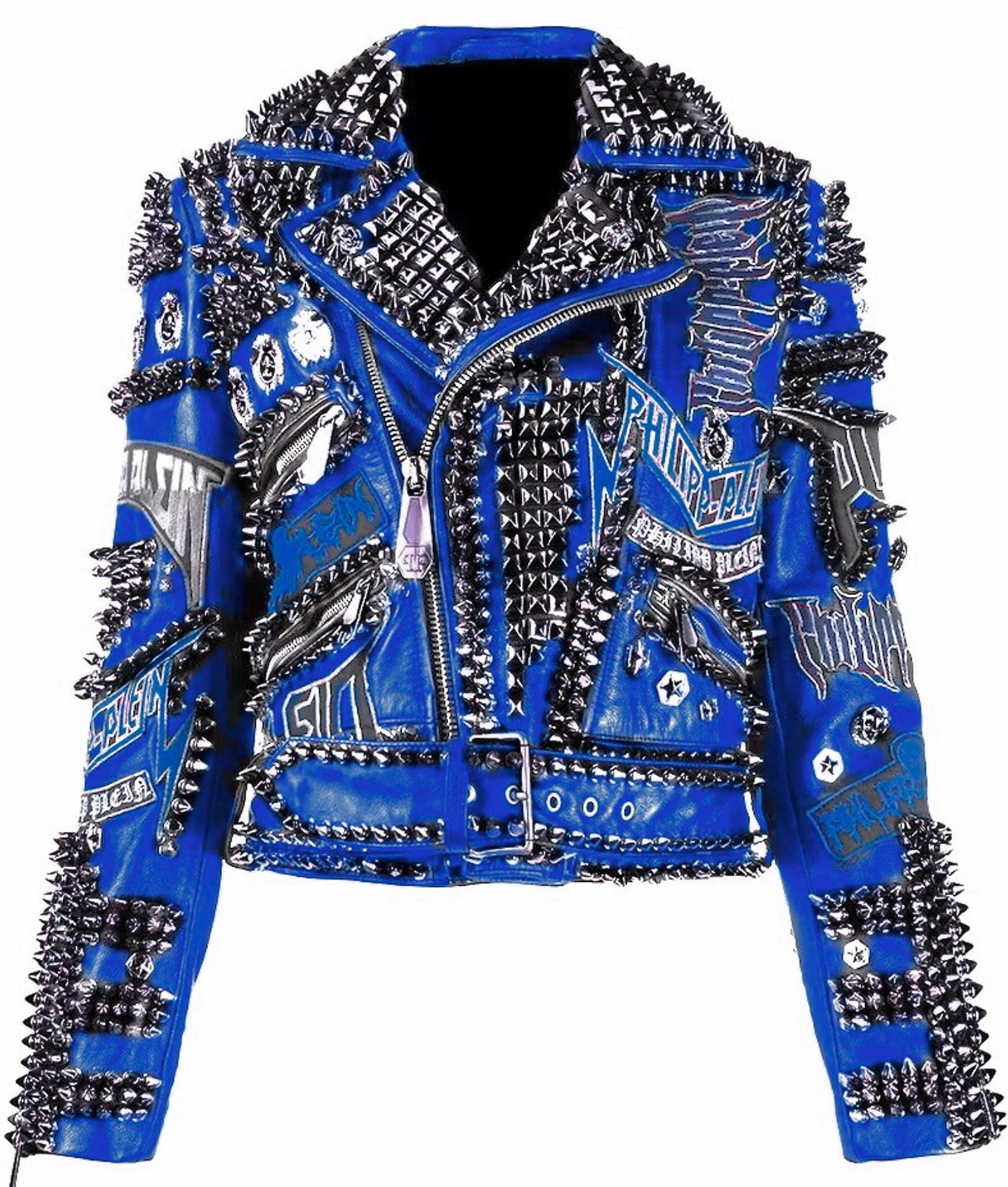 Blue Punk Rocker Leather Jacket With Gunmetal Studs | Spiked Patches ...