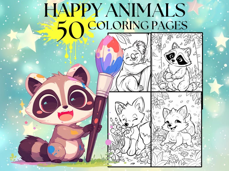 50 Happy Animals Coloring Pages for Kids- Digital Download, Printable ...