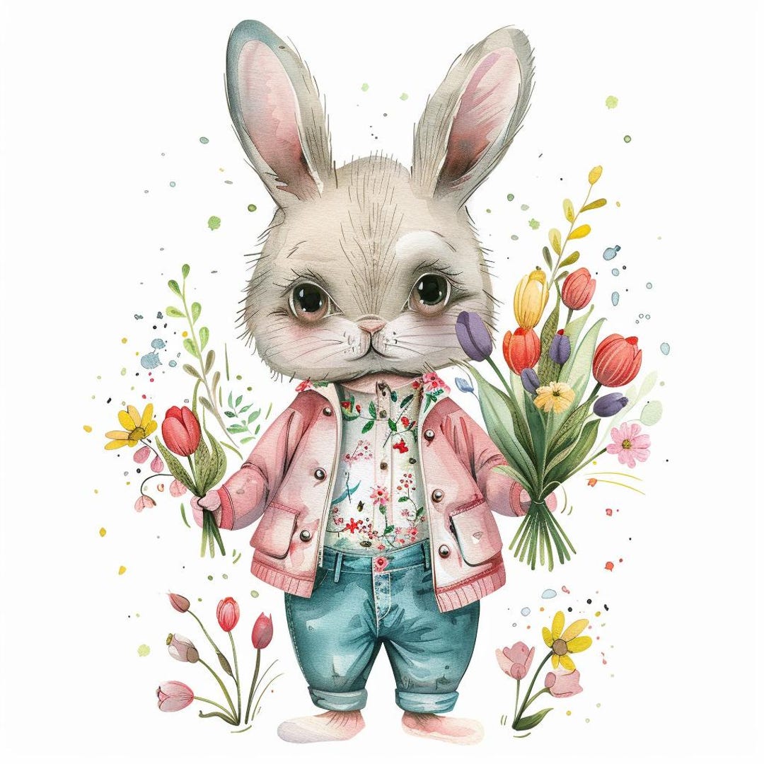 Whimsical Spring Bunny Clipart PNG Set, Floral Rabbit Watercolor ...
