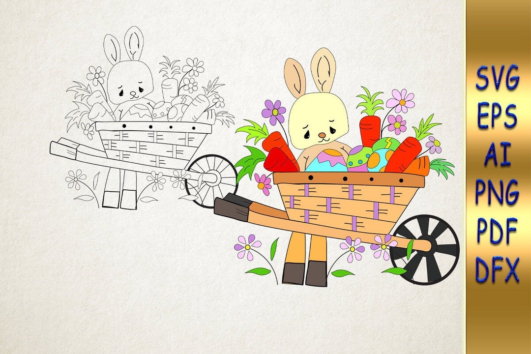 Easter Bunny in a Cart With Flowers, Cartoon Rabbit, Color and Black ...