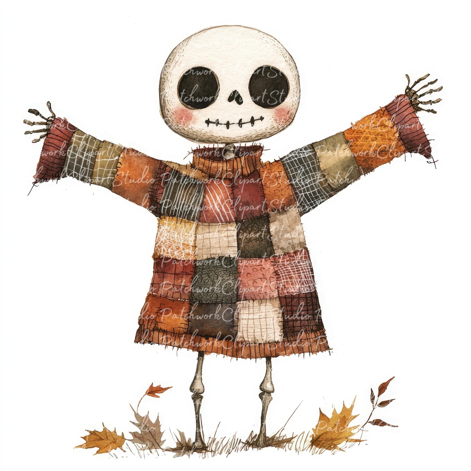 10 Autumn Skeleton Clipart Bundle, PNG & JPG, Printable Patchwork ...