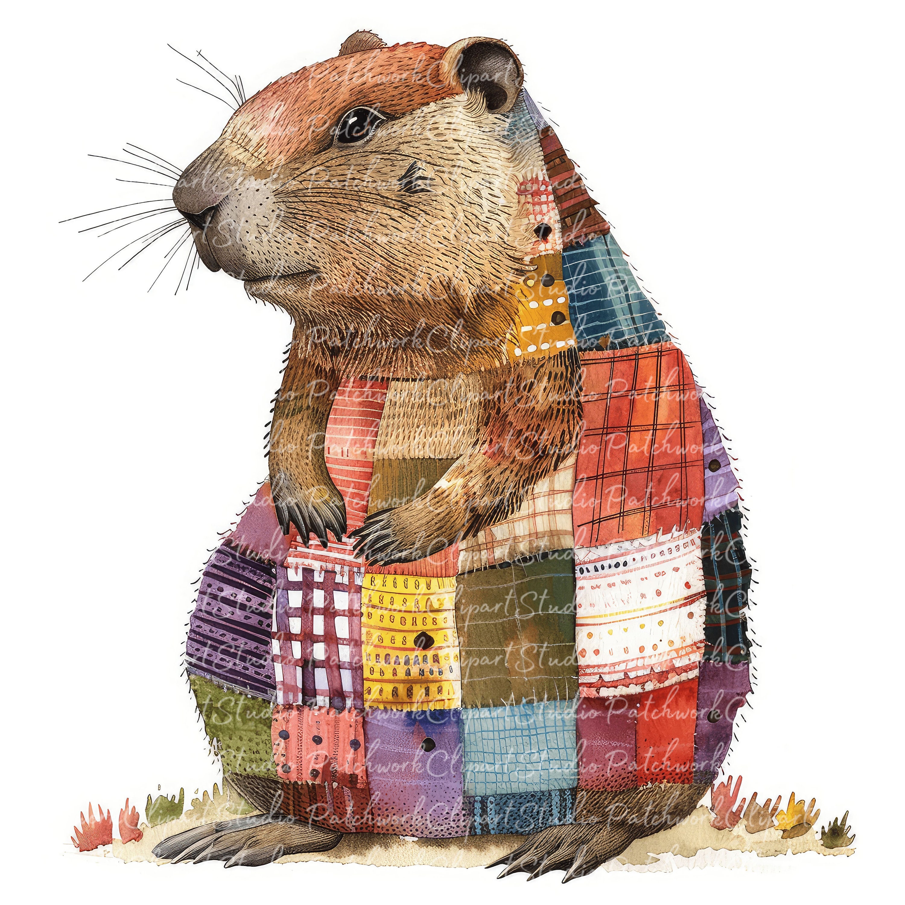 10 Groundhogs Clipart Bundle, PNG & JPG, Printable Patchwork Groundhog ...