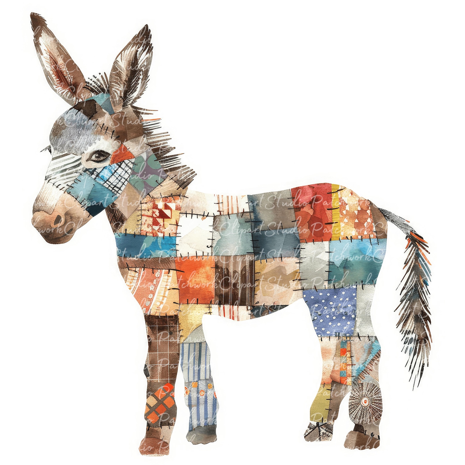 10 Donkeys Clipart Bundle, PNG & JPG, Printable Patchwork Donkey ...