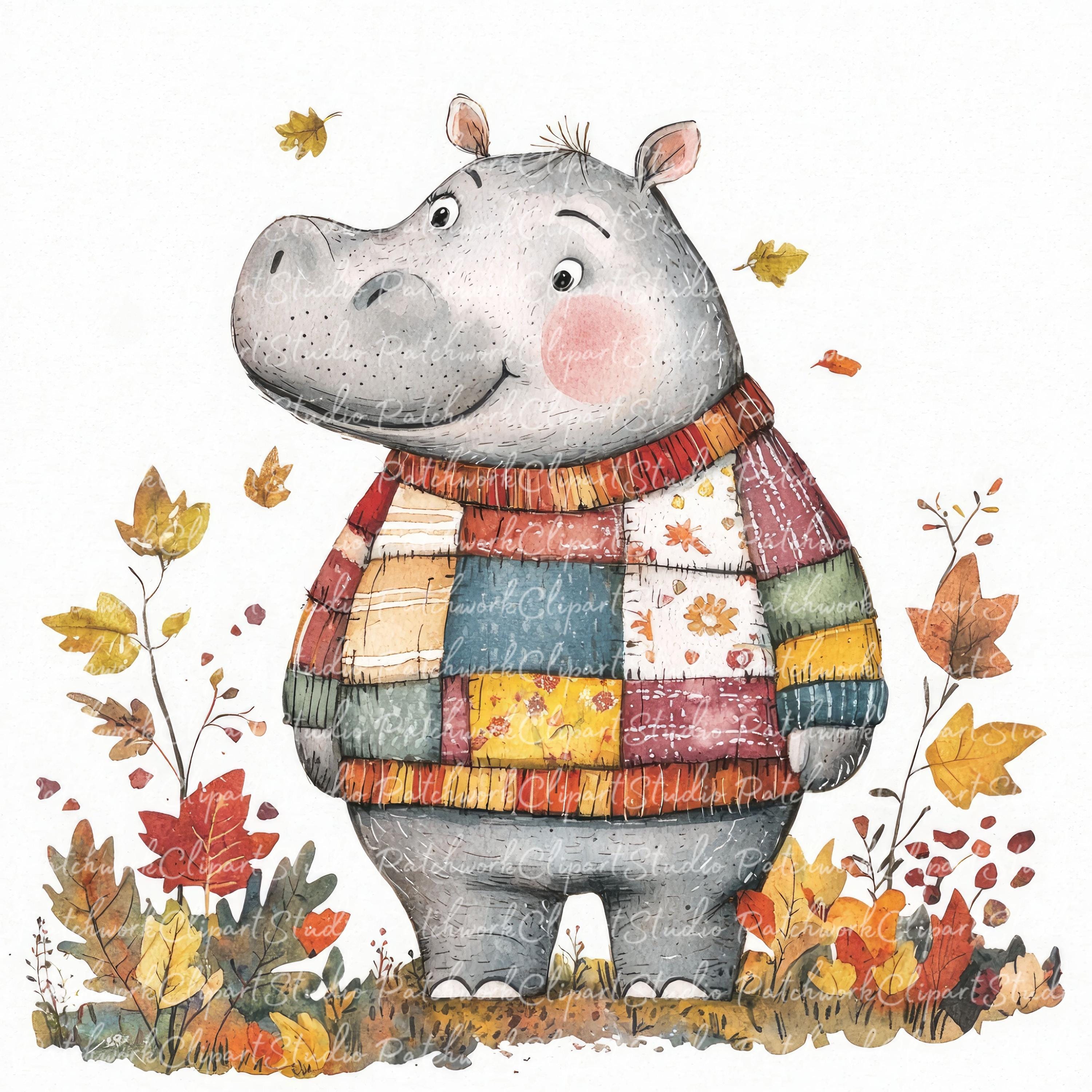 10 Autumn Hippo Clipart Bundle, JPG & PNG, Printable Patchwork, Hippo in Fall Illustrations ...