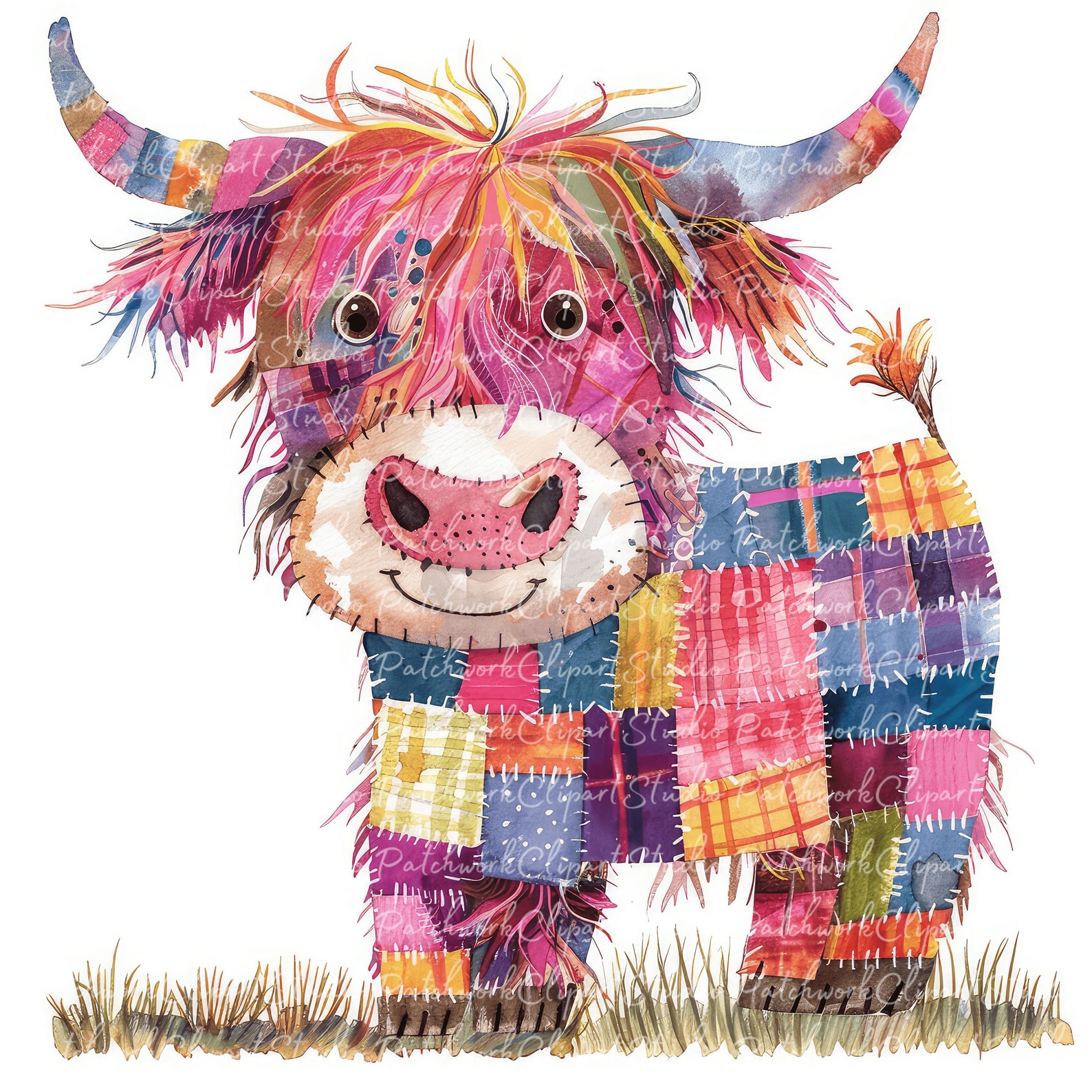 10 Highland Cows Clipart Bundle, PNG & JPG, Printable Patchwork Cow ...