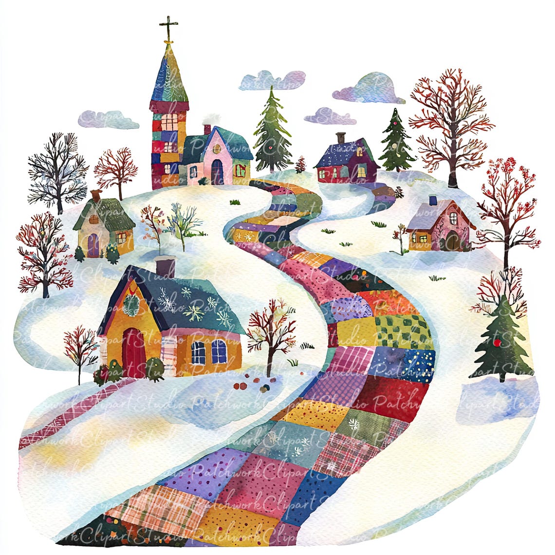 10 Christmas Village Clipart Bundle, PNG & JPG, Printable Patchwork ...