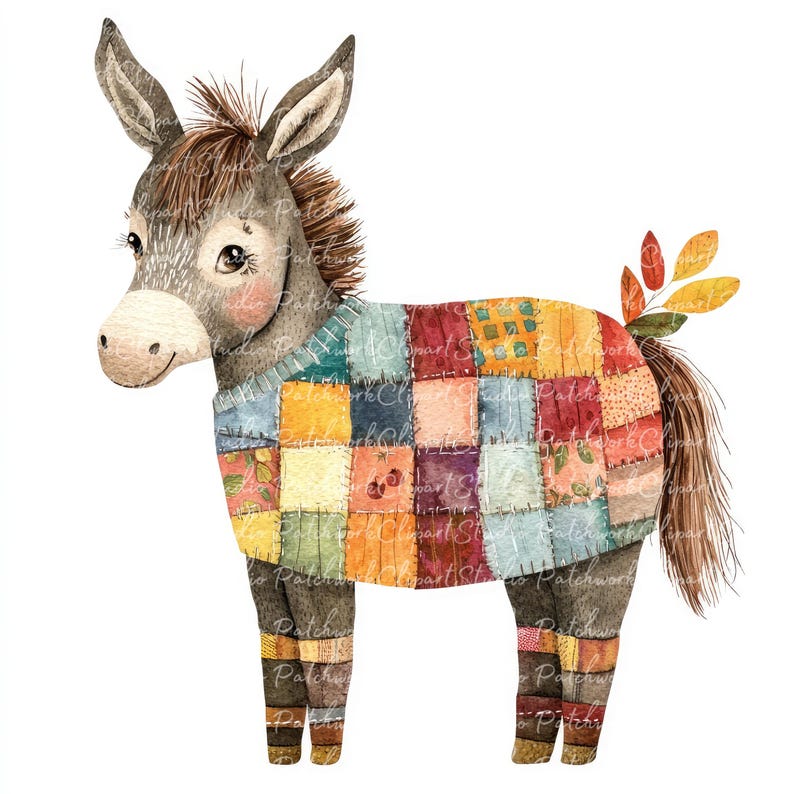 10 Autumn Donkey Clipart Bundle, PNG & JPG, Printable Patchwork, Donkey ...