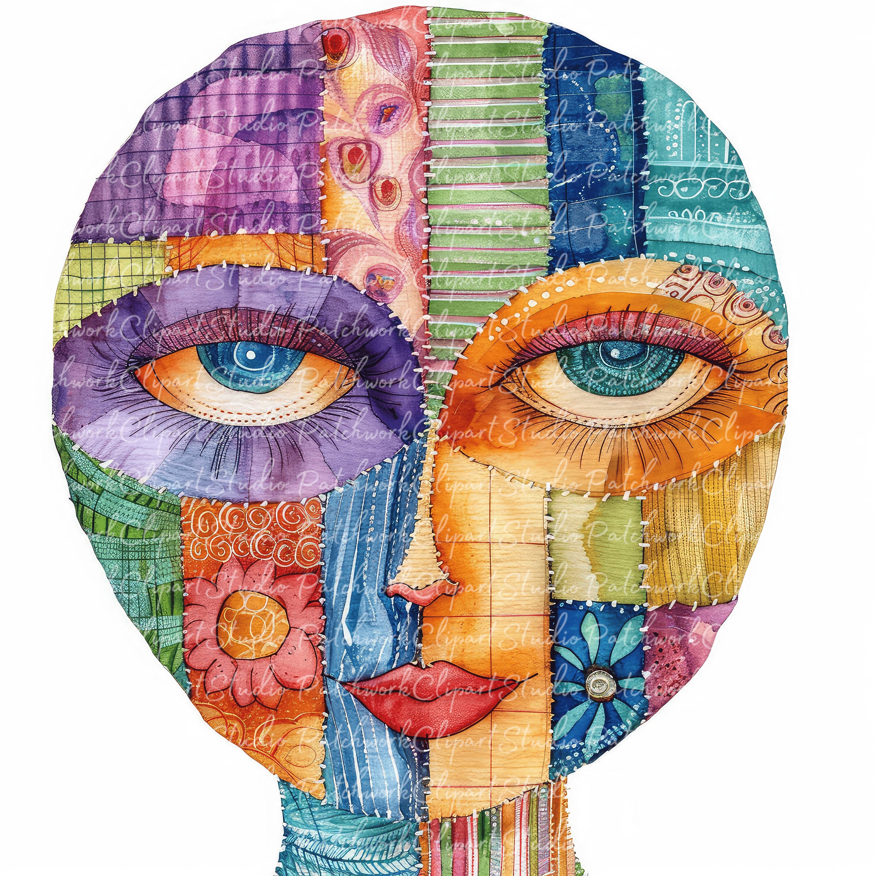 10 Faces Clipart Bundle, PNG & JPG, Printable Patchwork Face ...