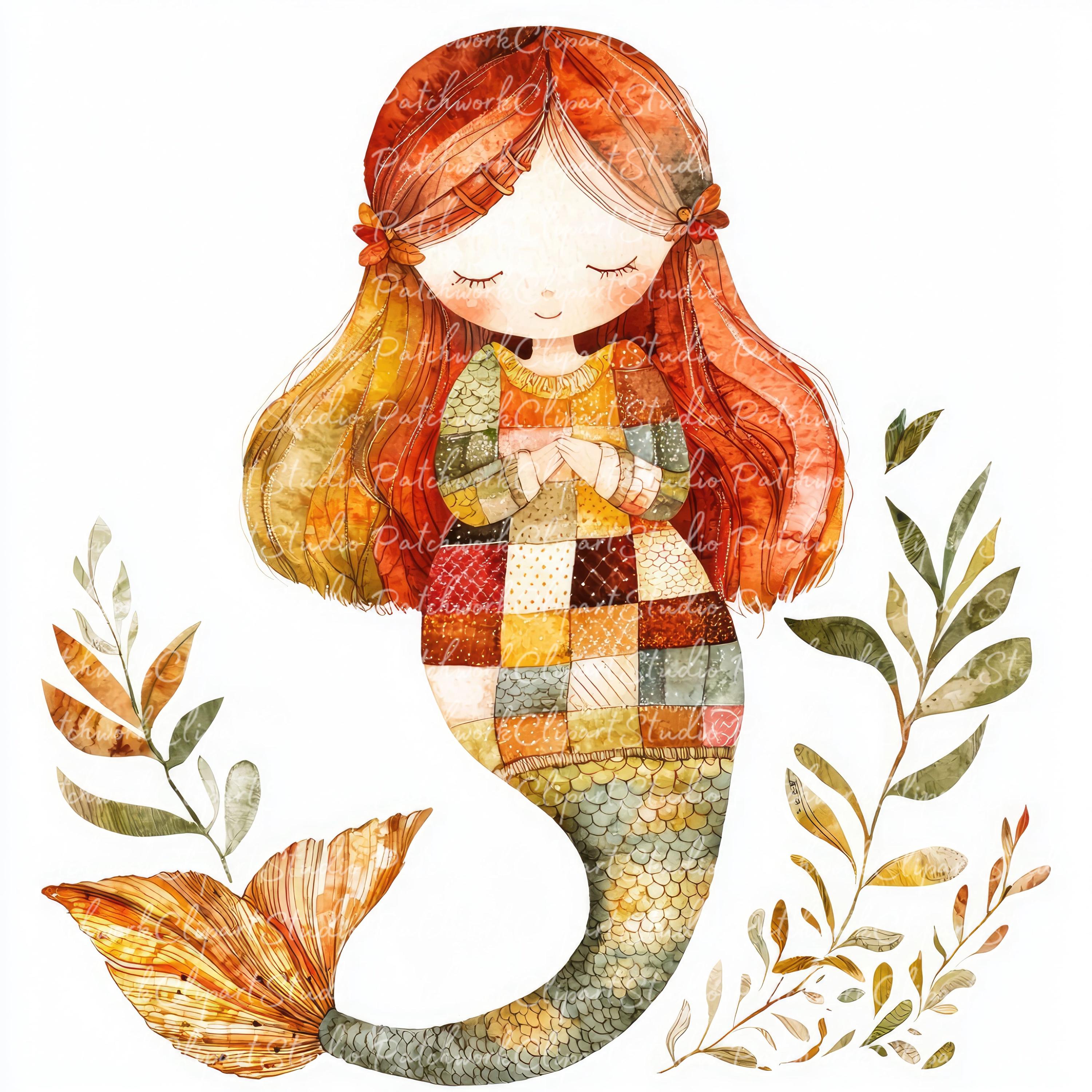 10 Autumn Mermaid Clipart Bundle, PNG & JPG, Printable Patchwork ...