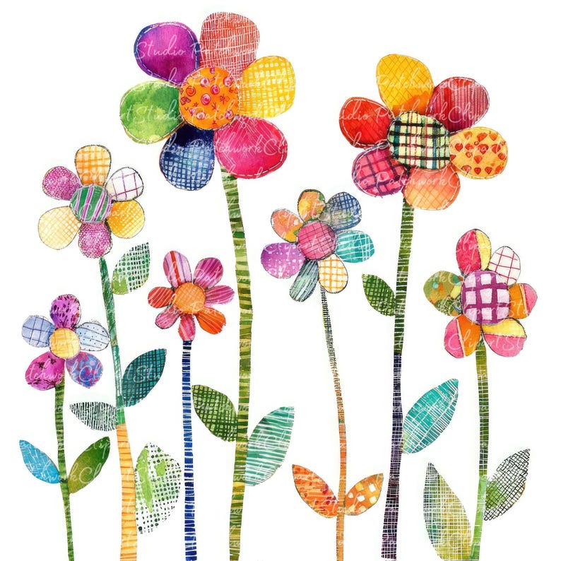 10 Cute Flowers Clipart Bundle, PNG & JPG, Printable Patchwork ...