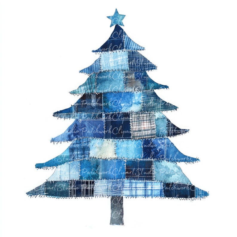 10 Blue Christmas Tree Clipart Bundle, PNG & JPG, Printable Patchwork ...