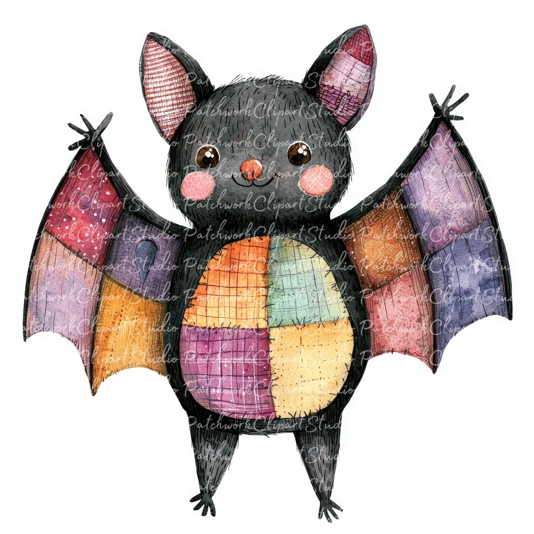 10 Bat Clipart Bundle, PNG & JPG, Printable Patchwork, Spooky Halloween ...
