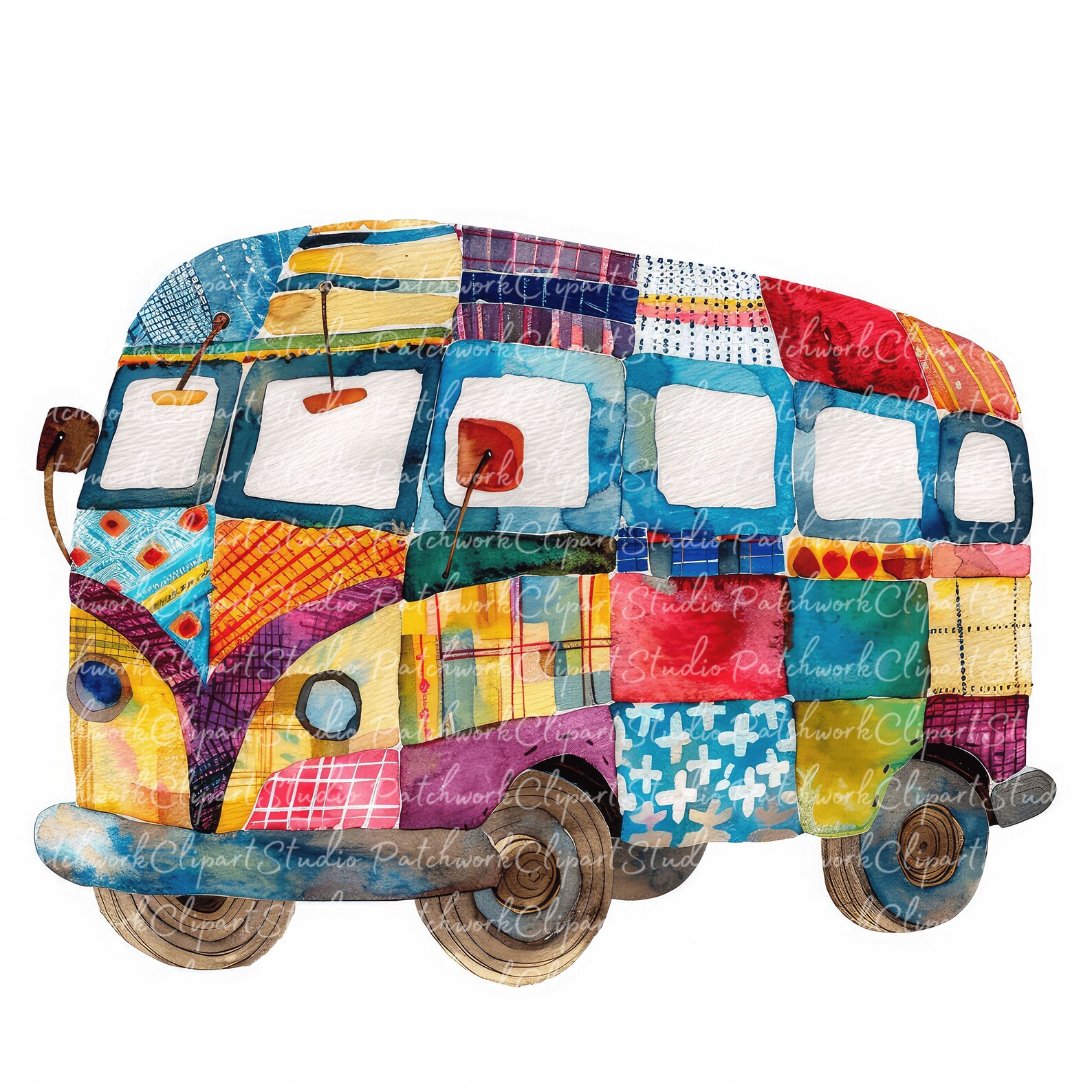 10 Buses Clipart Bundle, PNG & JPG, Printable Patchwork Bus ...
