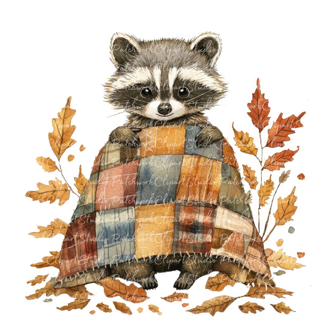 10 Autumn Raccoon Clipart Bundle, PNG & JPG, Printable Patchwork ...