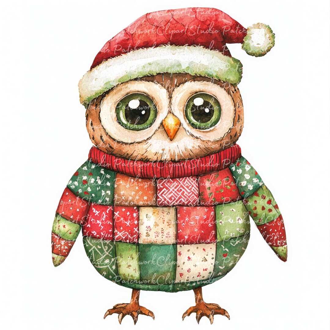10 Christmas Owl Clipart Bundle, PNG & JPG, Printable Patchwork, XMAS ...