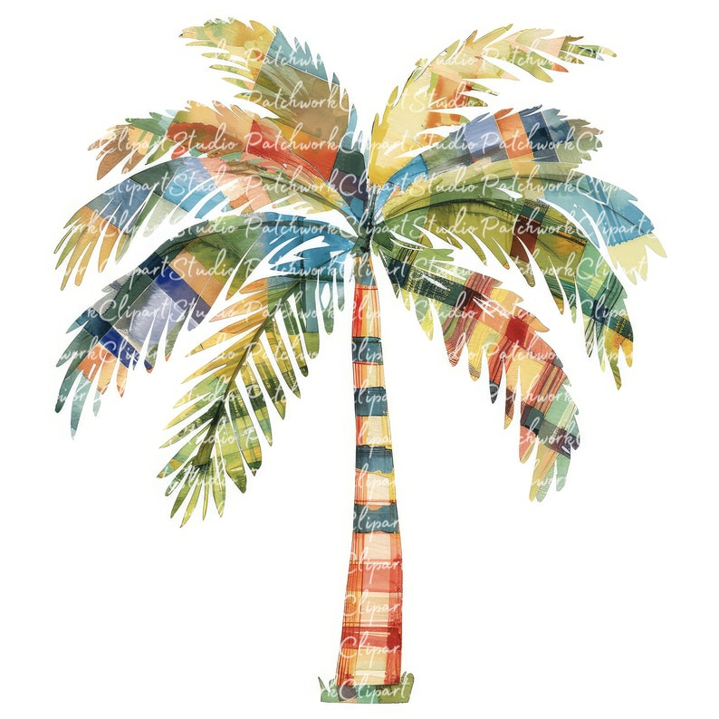 10 Palm Trees Clipart Bundle, PNG & JPG, Printable Patchwork Palm Tree ...