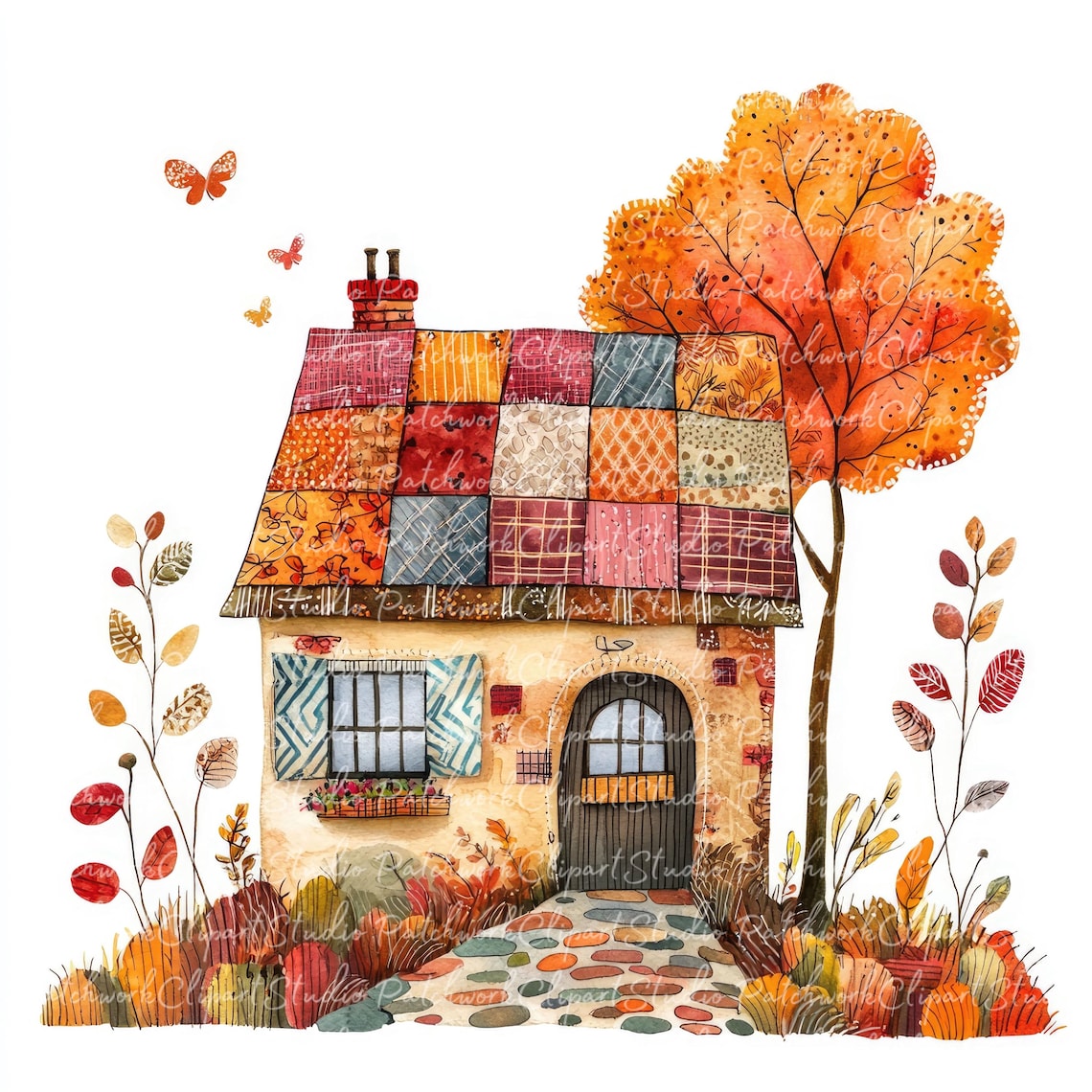 10 Autumn House Clipart Bundle, PNG & JPG, Printable Patchwork, Fall ...