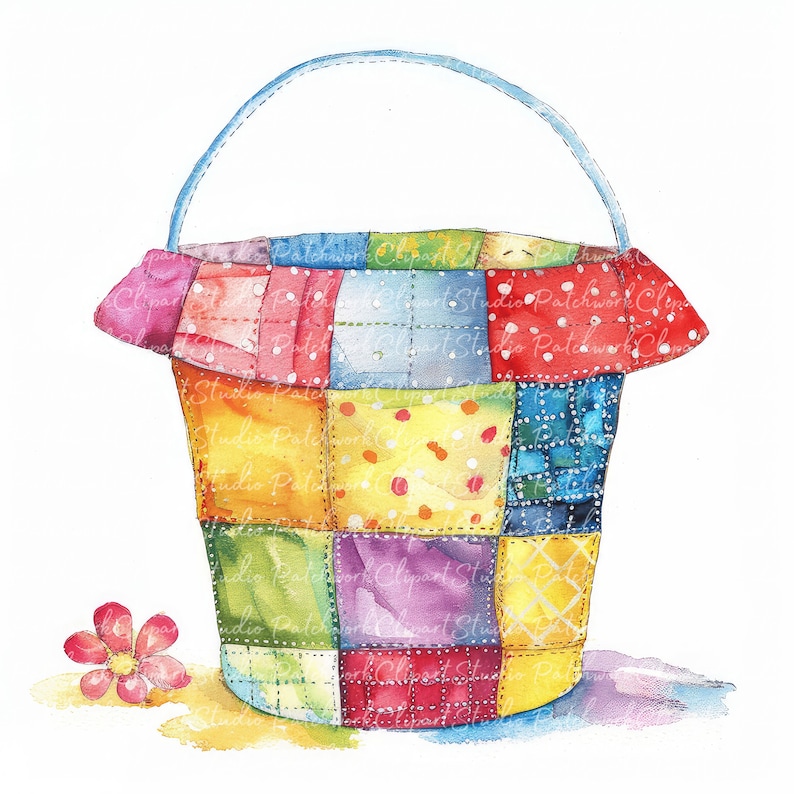 10 Buckets Clipart Bundle, Printable Patchwork Bucket, Quilted Fabric ...