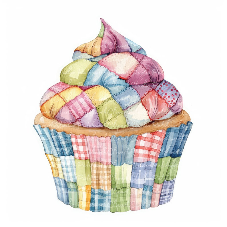 10 Cupcakes Clipart Bundle, PNG & JPG, Printable Patchwork Cupcake, Illustrations, Digital ...