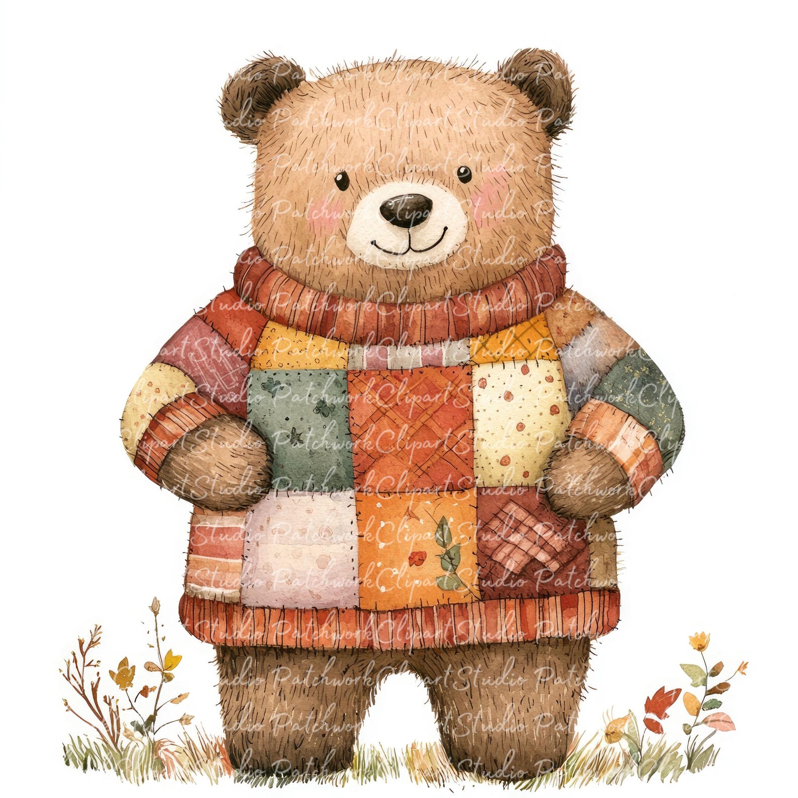10 Autumn Bear Clipart Bundle, PNG & JPG, Printable Patchwork, Bear in ...