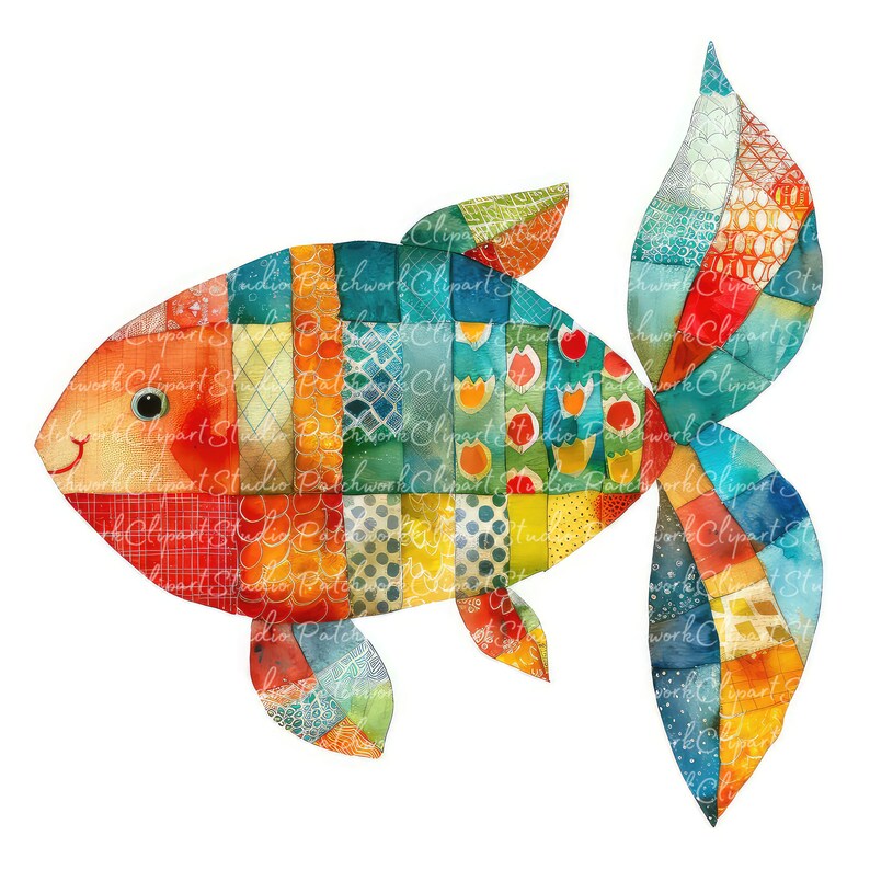 10 Fish Clipart Bundle, PNG & JPG, Printable Patchwork Fish ...