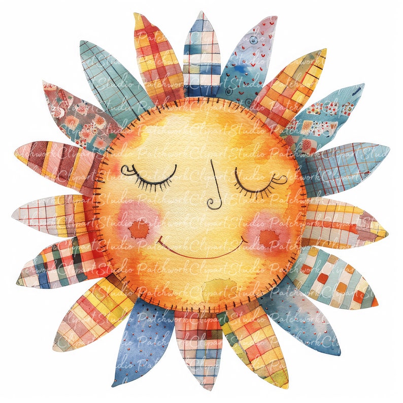 10 Sun Clipart Bundle, Printable Patchwork Suns, Smiling Sun, Cute ...
