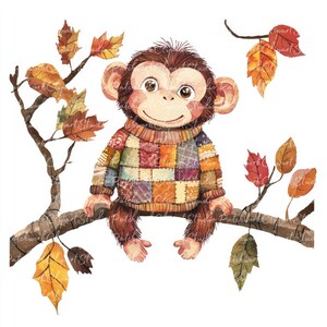 10 Autumn Monkey Clipart Bundle, PNG & JPG, Printable Patchwork, Monkey ...