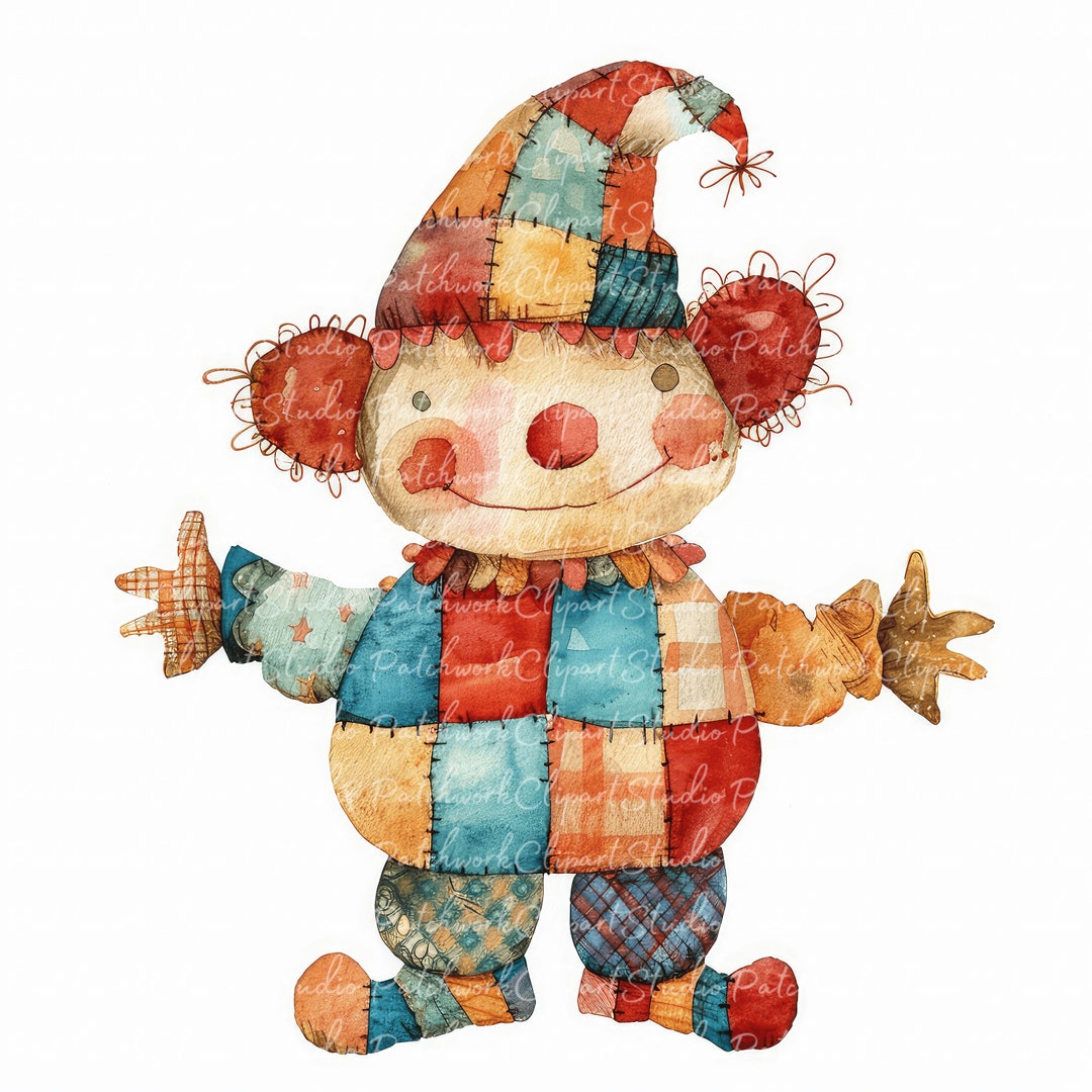10 Clowns Clipart Bundle, Printable Patchwork Clown, Quilted Fabric ...