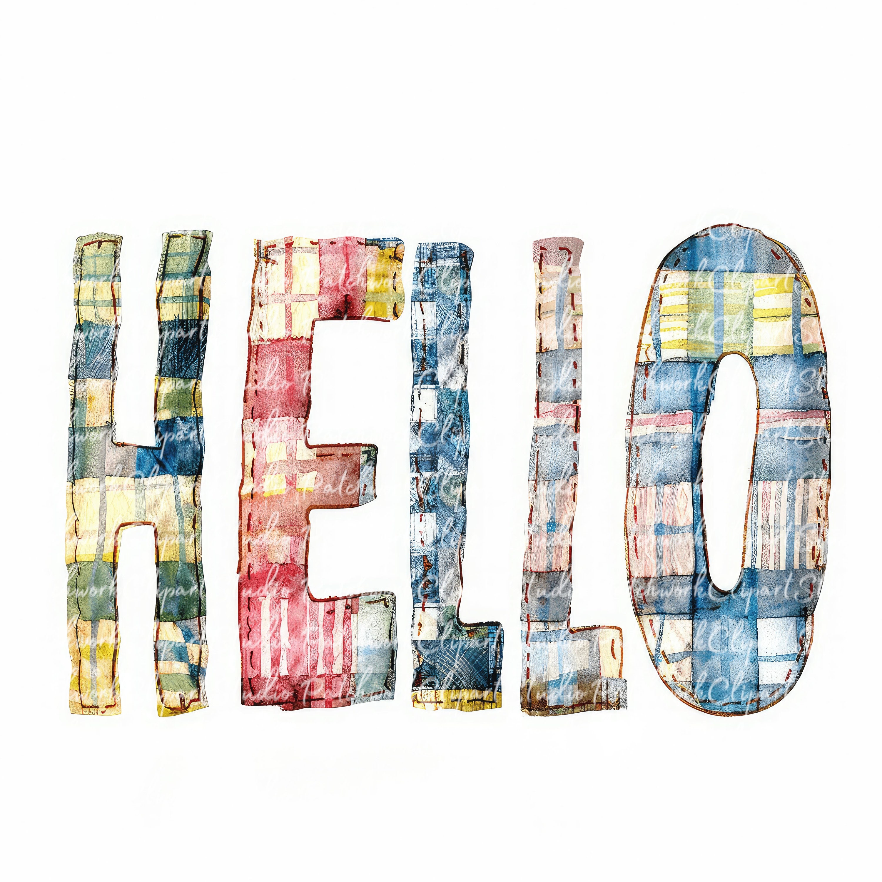 10 Hello Clipart Bundle, Printable Patchwork Word Hello, Quilted Fabric ...