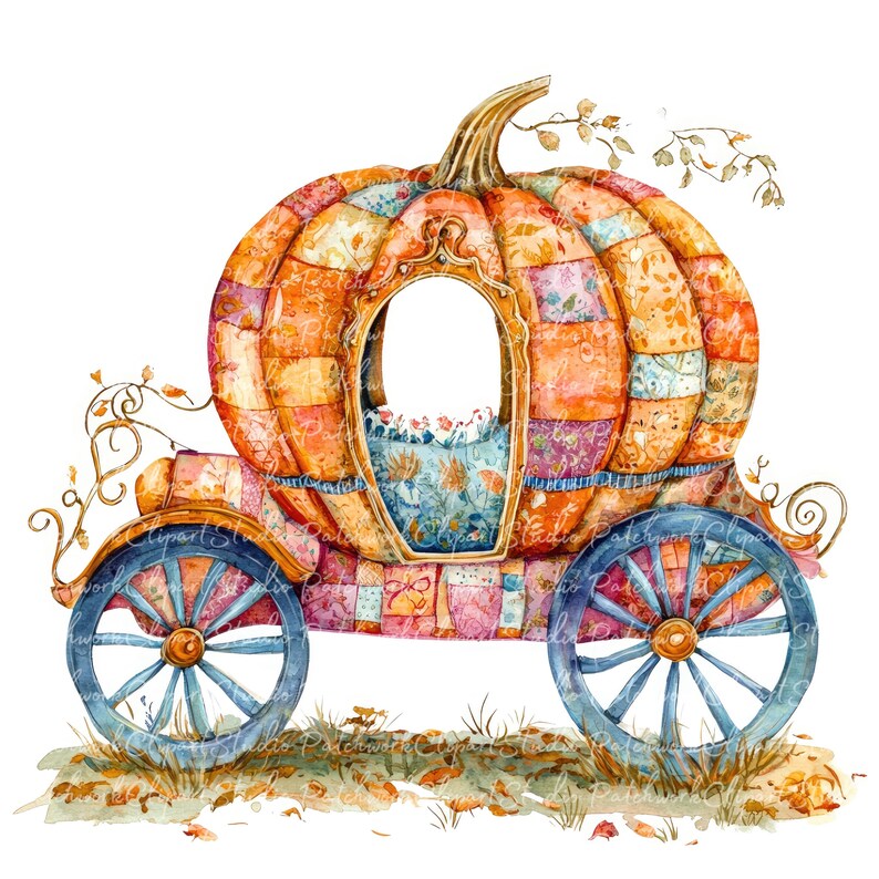 10 Pumpkin Carriage Clipart Bundle, PNG & JPG, Printable Patchwork ...