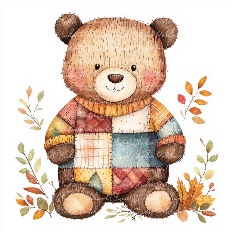 10 Autumn Bear Clipart Bundle, PNG & JPG, Printable Patchwork, Bear in ...