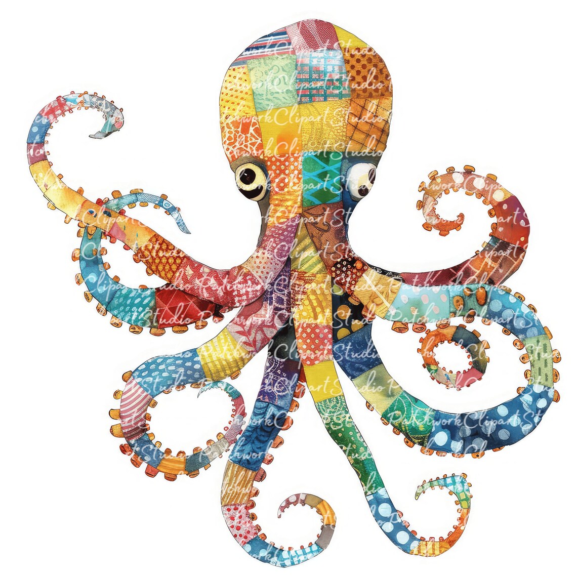 10 Octopus Clipart Bundle, Printable Patchwork Octopus, Quilted Fabric ...