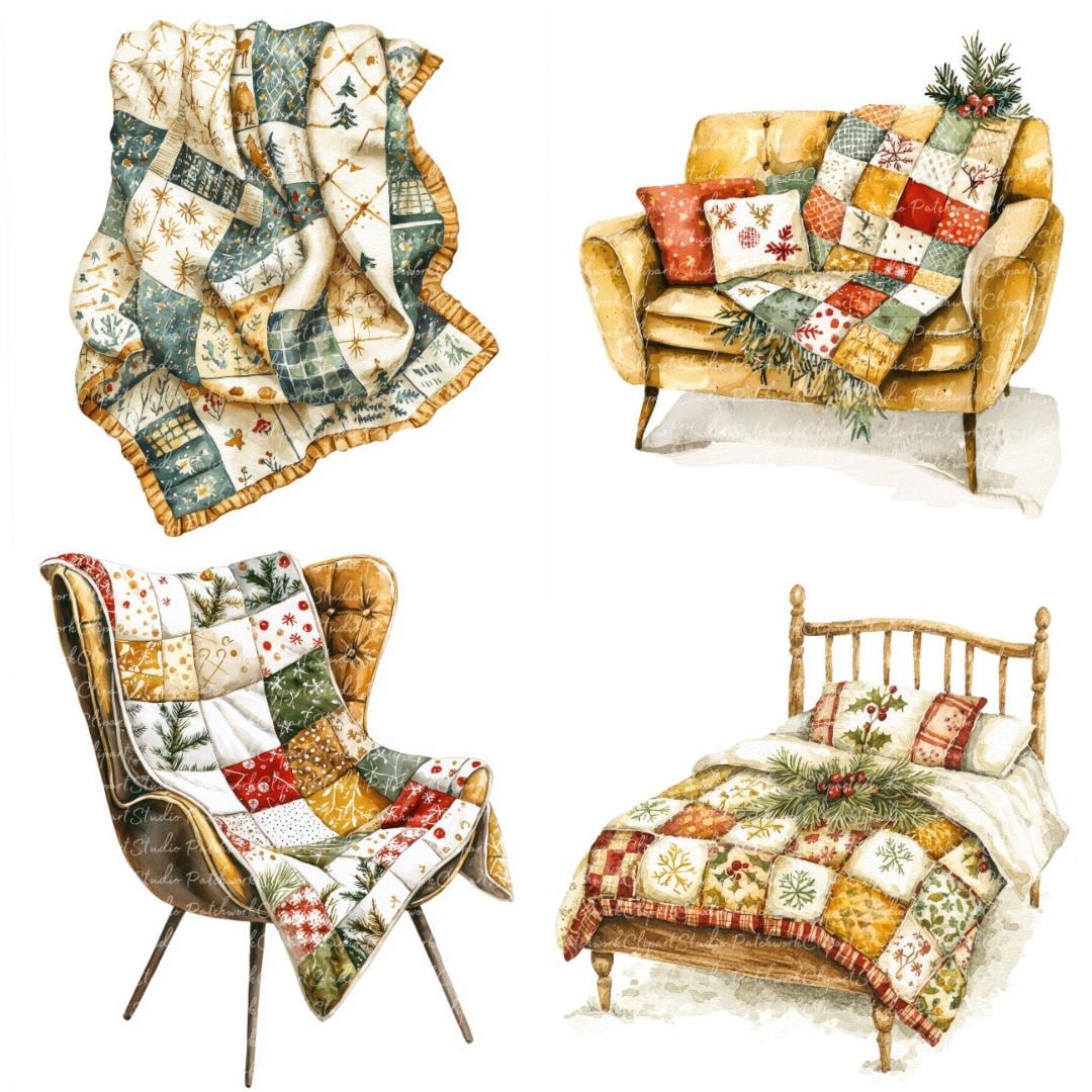 14 Golden Winter Blanket Clipart Bundle, PNG & JPG, Printable Patchwork, Illustrations, Digital ...
