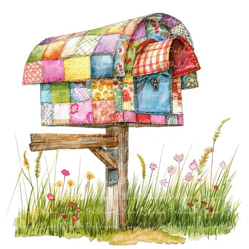 10 Mailboxes Clipart Bundle, PNG & JPG, Printable Patchwork Mailbox ...