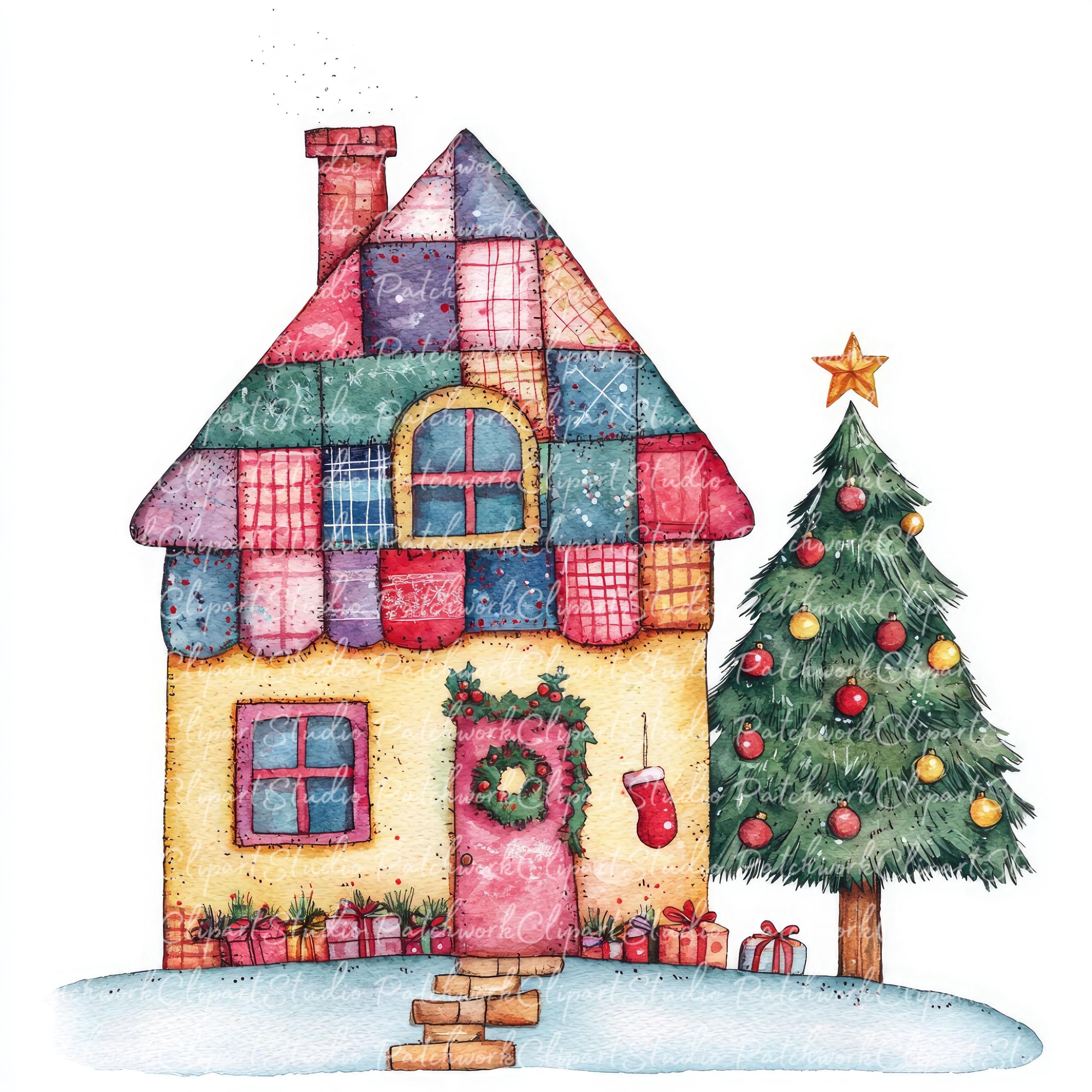 10 Christmas House Clipart Bundle, PNG & JPG, Printable Patchwork, Xmas ...