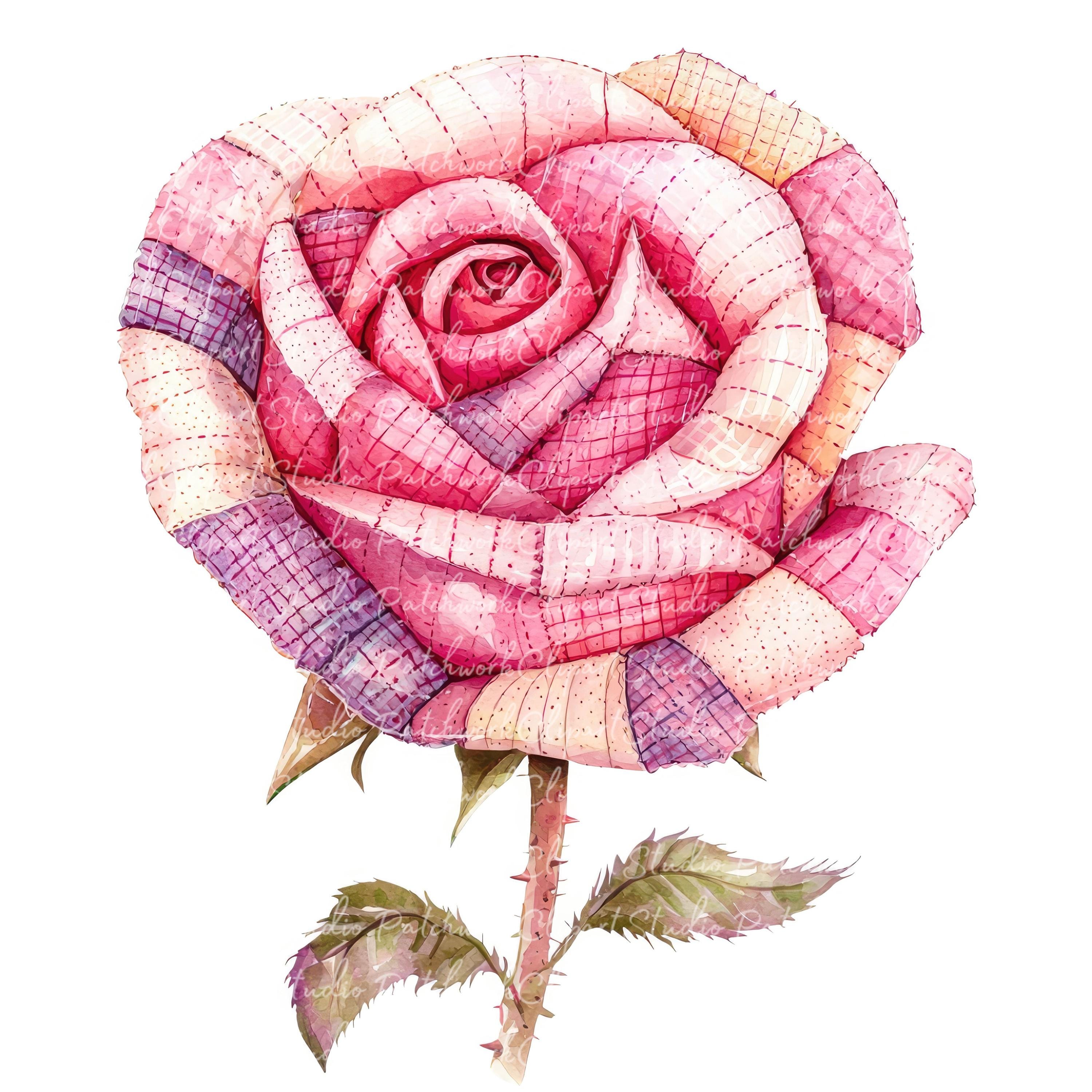 10 Pink Rose Clipart Bundle, PNG & JPG, Printable Patchwork Flowers ...