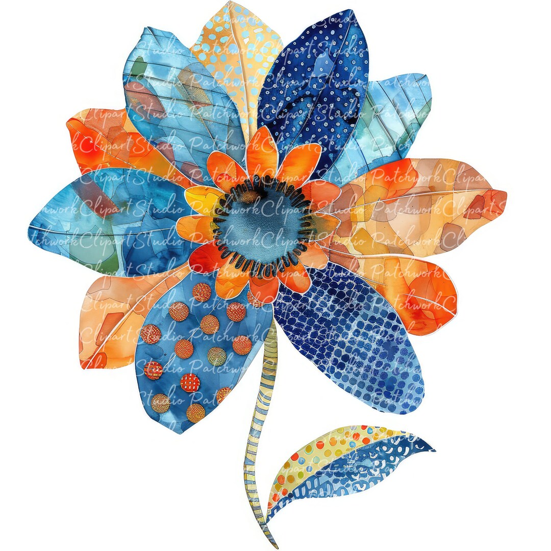 10 Blue Orange Flower Clipart Bundle, PNG & JPG, Printable Patchwork ...