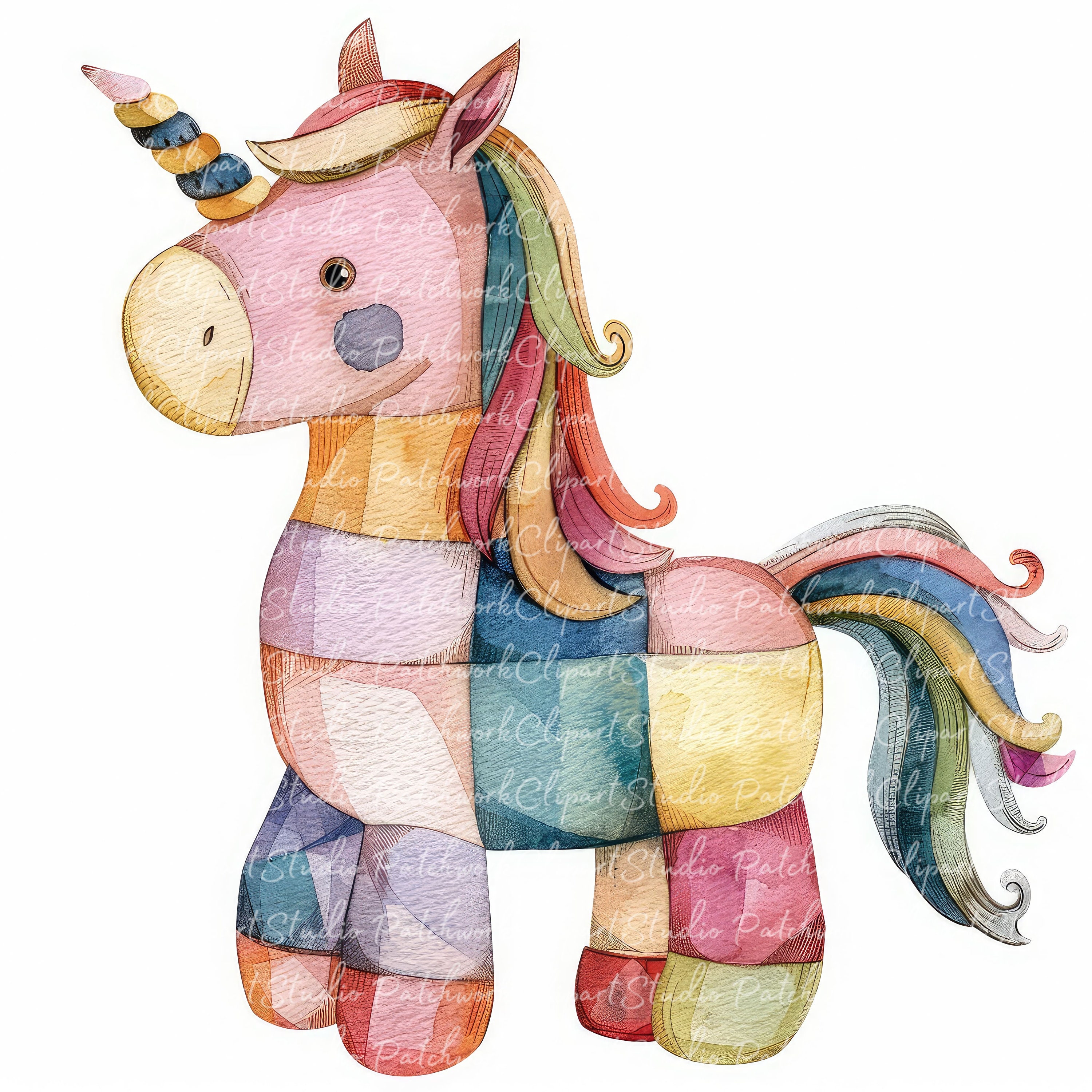 10 Unicorns Clipart Bundle, Printable Patchwork Unicorn, Cute Horse, Fabric Illustrations ...