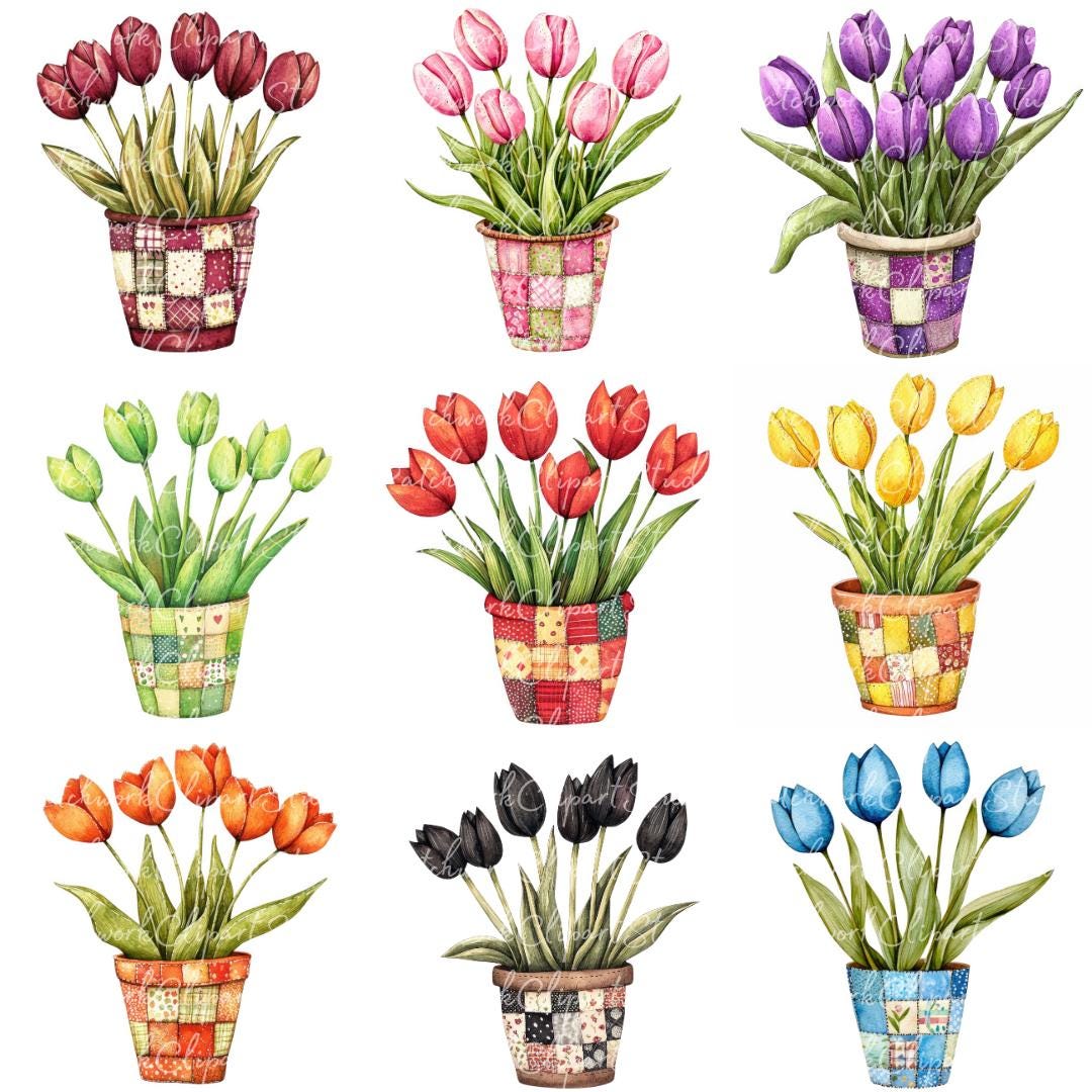10 Various Tulips in Pot Clipart Bundle, PNG & JPG, Printable Patchwork ...