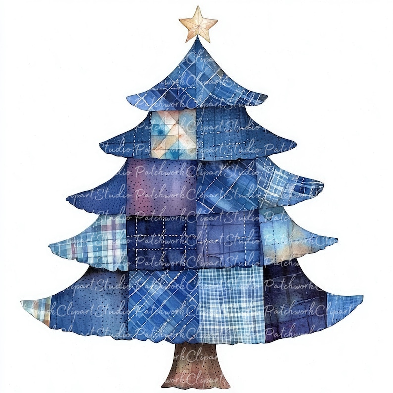 10 Blue Christmas Tree Clipart Bundle, PNG & JPG, Printable Patchwork ...