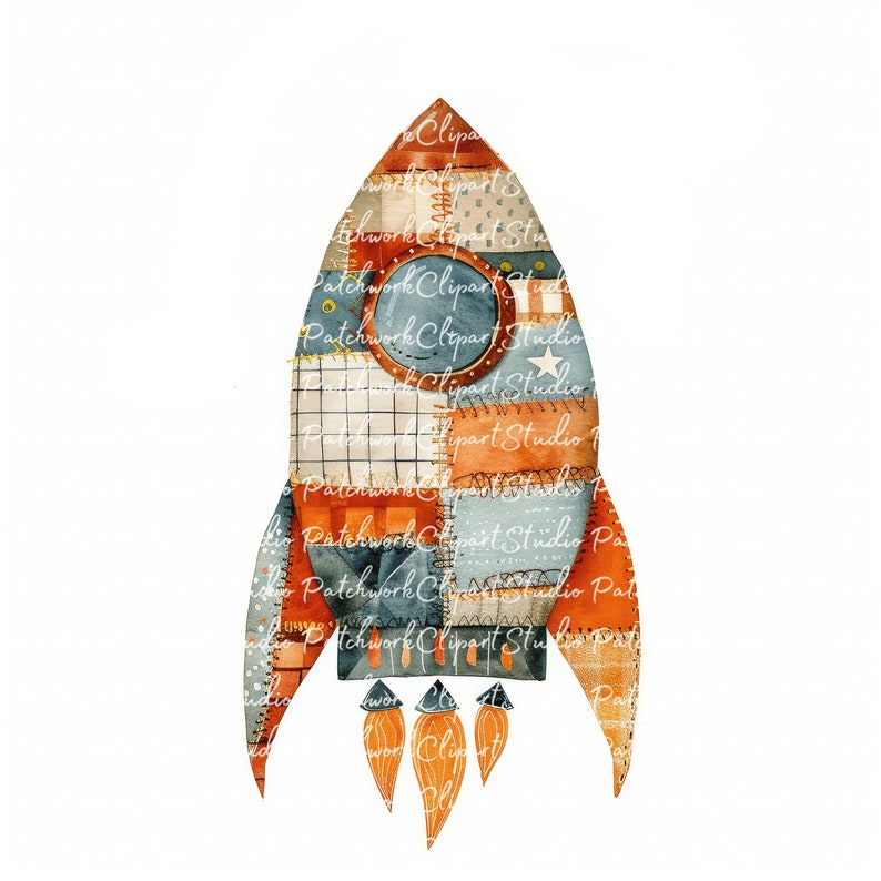 10 Rockets Clipart Bundle, PNG & JPG, Printable Patchwork Rocket ...