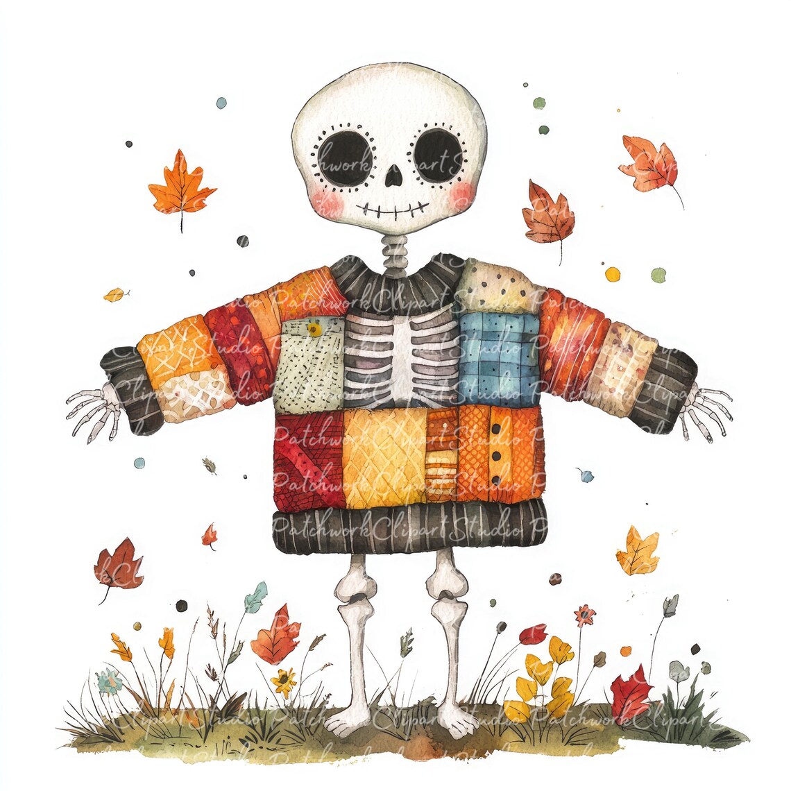 10 Autumn Skeleton Clipart Bundle, PNG & JPG, Printable Patchwork ...