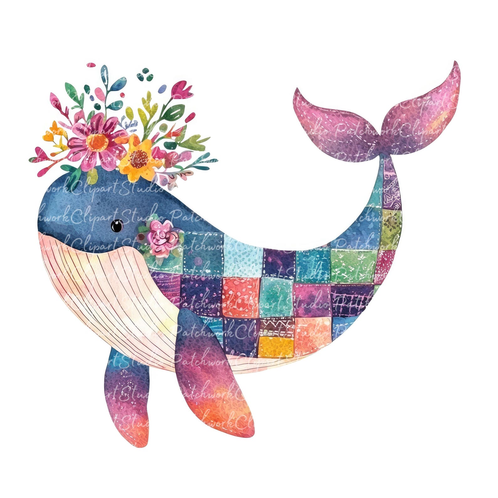 10 Floral Whale Clipart Bundle, PNG & JPG, Printable Patchwork Whale ...