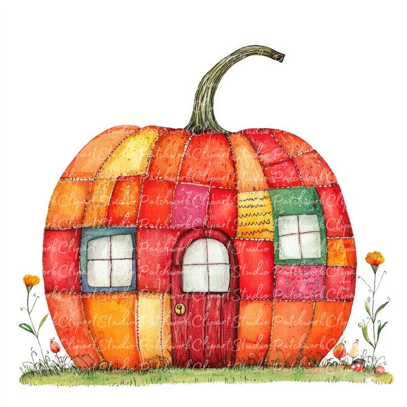 10 Pumpkin House Clipart Bundle, PNG & JPG, Printable Patchwork, Cute ...