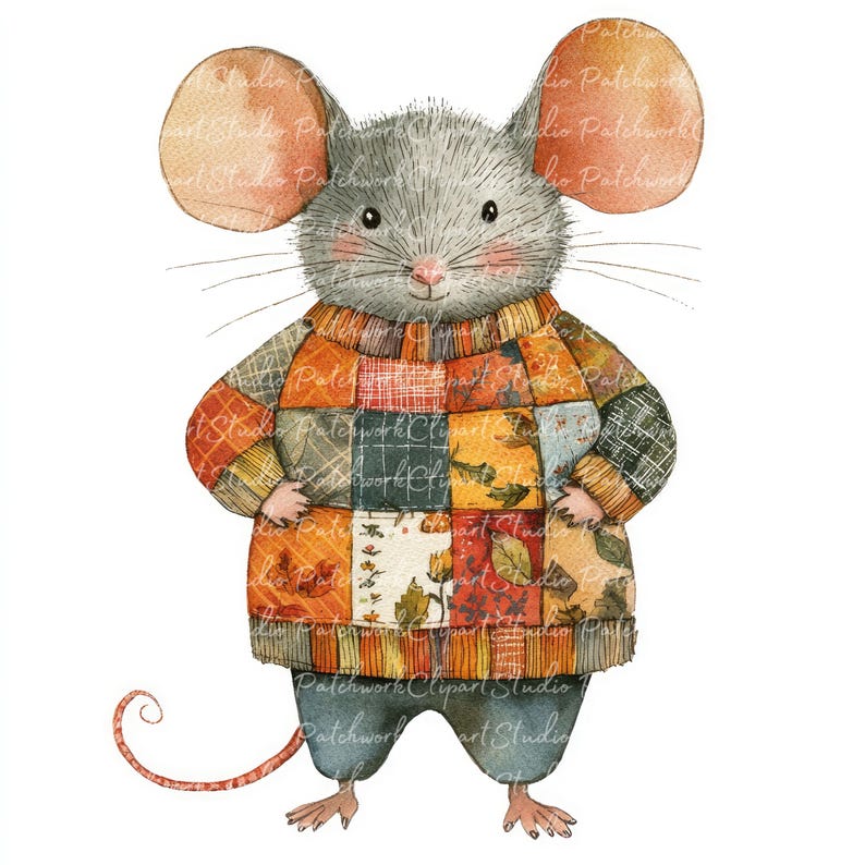 10 Autumn Mouse Clipart Bundle, PNG & JPG, Printable Patchwork, Mouse ...