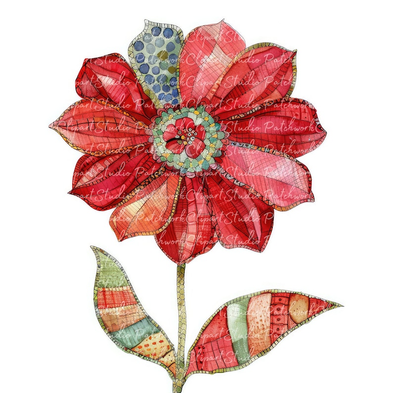 10 Red Flower Clipart Bundle, PNG & JPG, Printable Patchwork Red Flowers, Illustrations, Digital ...