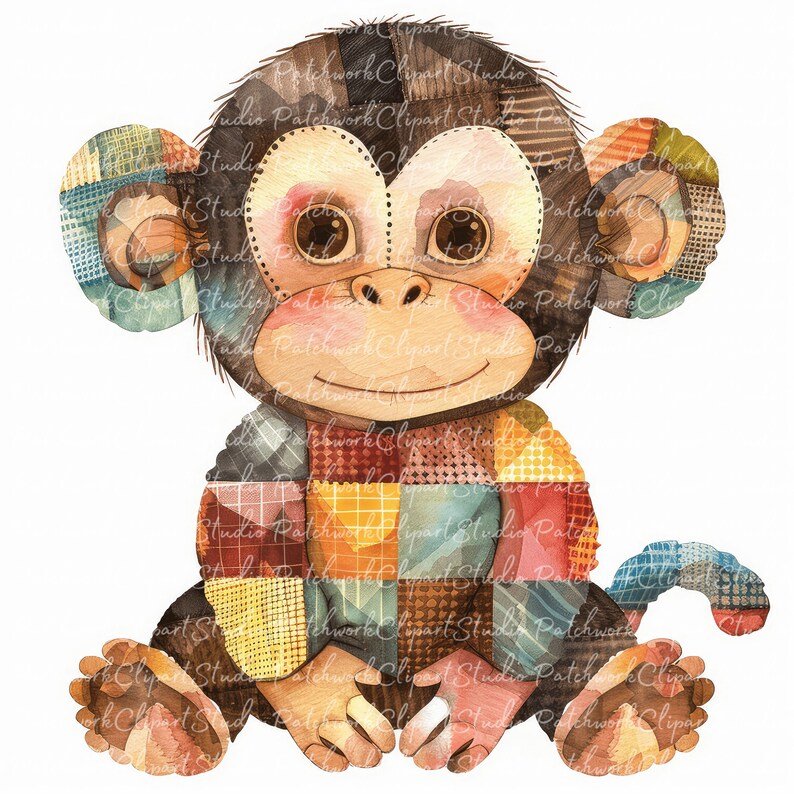 10 Monkeys Clipart Bundle, PNG & JPG, Printable Patchwork Monkey ...
