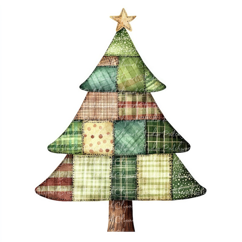 10 Christmas Tree Clipart Bundle, PNG & JPG, Printable Patchwork, Xmas ...